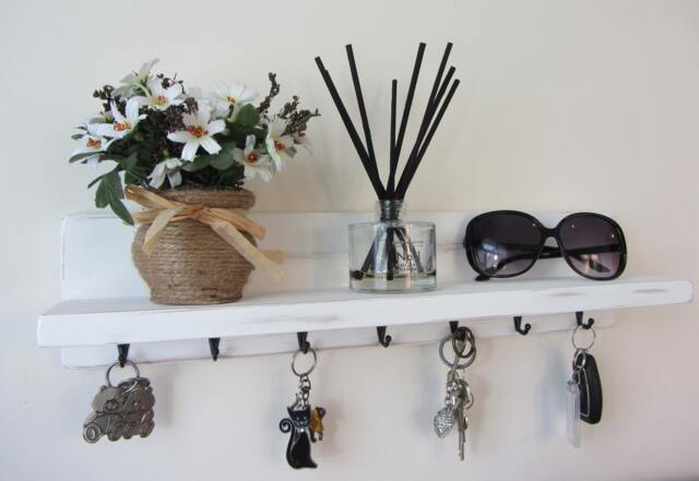 Distressed Matt White Shabby Chic Key Holder With Shelf/Entryway Rack ...