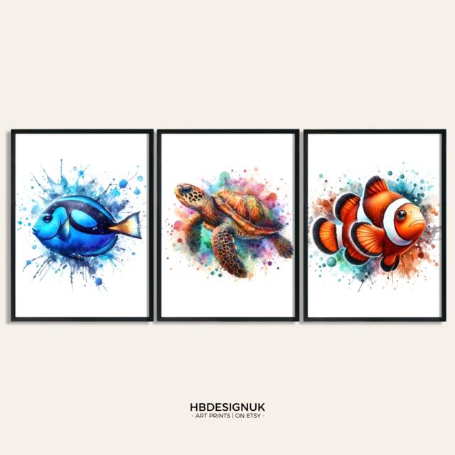 Sealife Prints - Set Of 3 Posters Paintings - Watercolour Sea Life ...