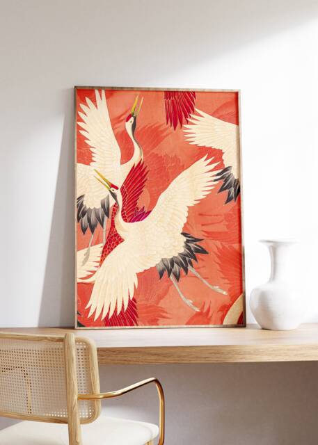 Vintage Japanese Print, Traditional Red Cranes Art, Flying Poster, Ukiyo E, Edo Woodblock, Japan ...