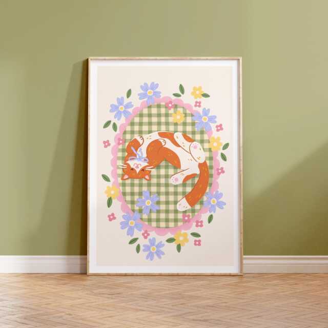 Cottagecore Cat Print Floral Vintage Art, Personalised Pet Portrait by ...