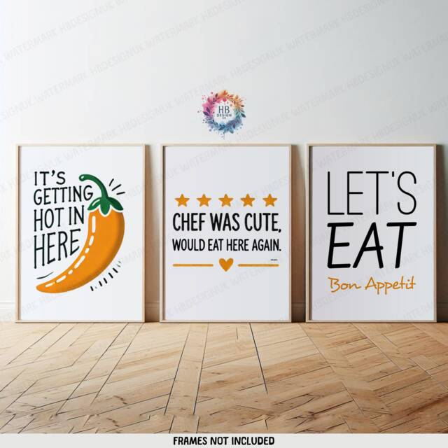 Orange Kitchen Wall Art - Set Of 3 Prints - Let's Eat, Chef Was Cute ...