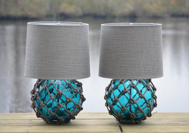 Pair Of Glass Fishing Float Lamps With Linen Lamp Shades by Etsy ...