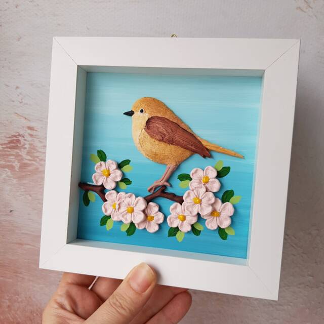 Small Bird Art Wall, Pink Floral Wall Decoration With Little Sparrow ...