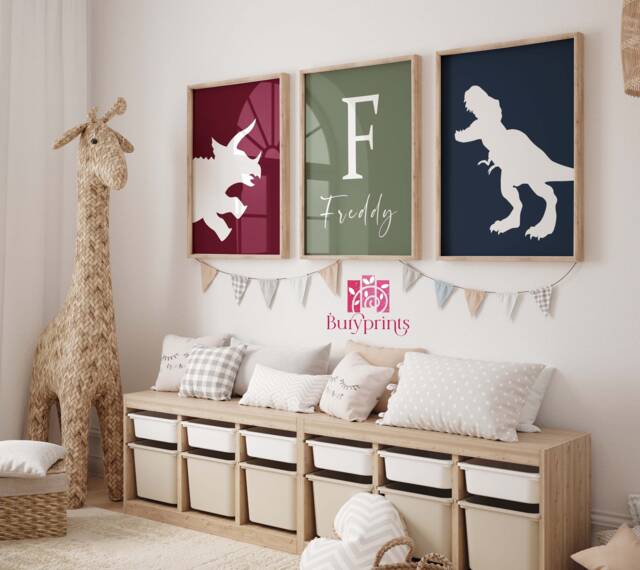 Personalised Dinosaur Set Of 3 Posters, Navy Blue, Green & Red, Wall ...
