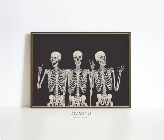 Skeletons Halloween Print, Skeleton Peace Sign Poster, Party Wall Art ...