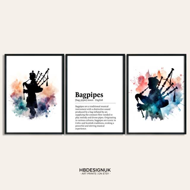 Bagpipe Watercolour Art Print - Set Of 3 Music Artwork - Watercolor ...