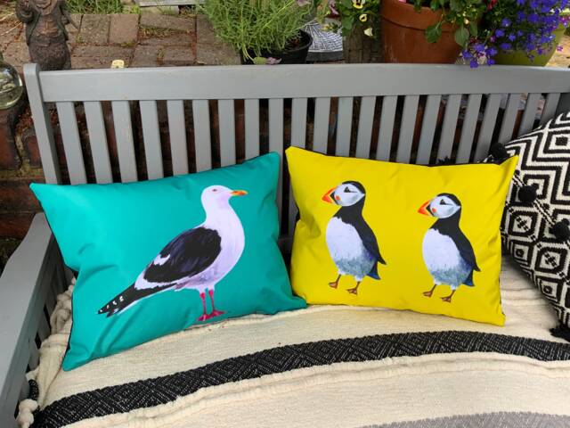 Seagull & Puffin Outdoor Cushion Cover Coastal Art, Water Repellent by ...