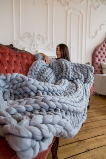 Chunky Knit Blanket, Throw, Merino Wool Knitted Giant Chunky Yarn Wool ...