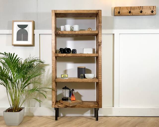 Industrial Bookcase Rustic Style, Steel Tube Legs, Solid Wood Shelves ...