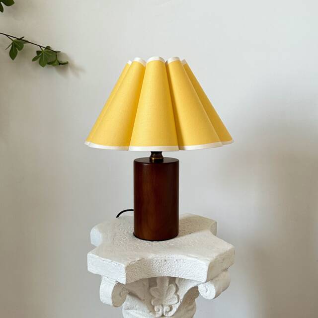 Handmade Wooden Pillar Table Lamp, Yellow Fabric Pleated Petal Shade ...