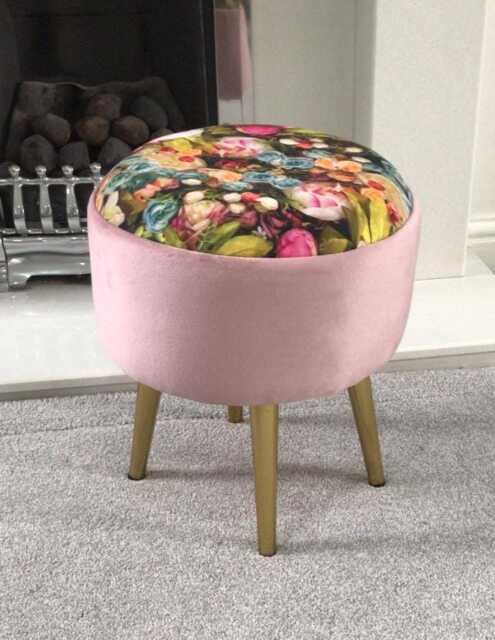 Beautiful Design Pink Plush Velvet & Floral Fabric Round Footstool With ...