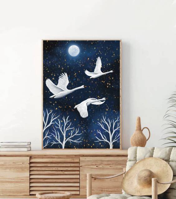 A3 Large Original Art Print - Spiritual Spirit Guide Art Flying Swans ...