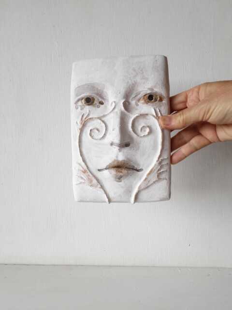 White Ceramic Female Face Sculpture With Hand Made Raised Flourishes ...