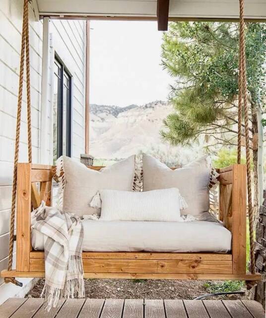 Oak Swing Bed With Seat Cushion - Wooden Porch Outdoor & Indoor Jute ...
