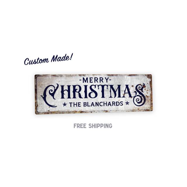 Merry Christmas Last Name Sign - Vintage Style Custom Holiday Wall ...