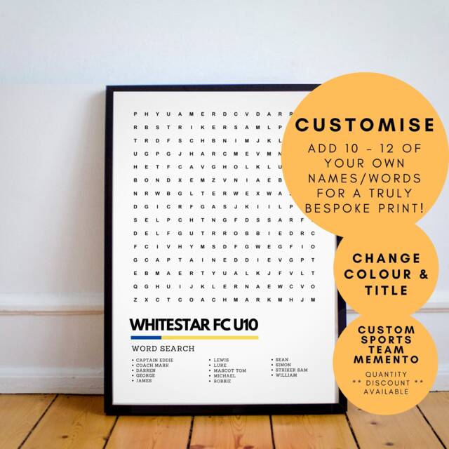 Custom Sports Team Memento Wordsearch Style Quality Art Print Poster A4 ...