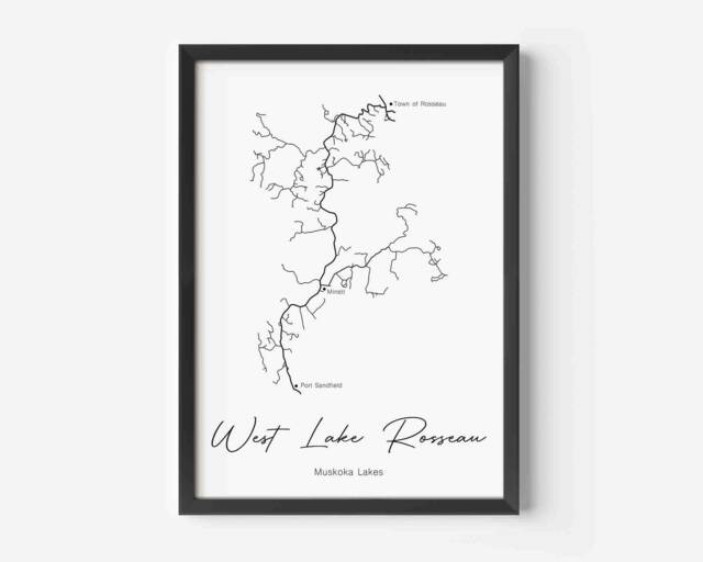 West Lake Rosseau Map, Muskoka Lakes, Ontario, Cottage Gift, Wall Art ...