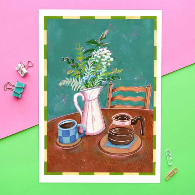 Coffee & Flowers Art Print - Still Life Painting, Colourful Kitchen Art ...