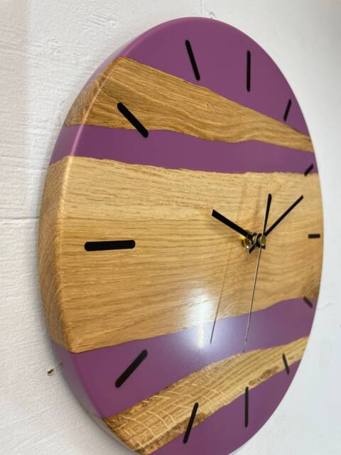 English Oak & Mauve Resin Wall Clock, , Modern Clock, Abstract Unusual ...