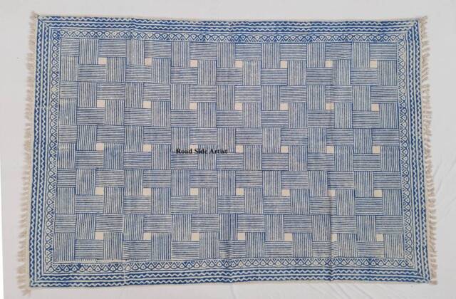 8x10, 9x12 Cotton Handblock Printed Indigo Blue & White Color Rug ...