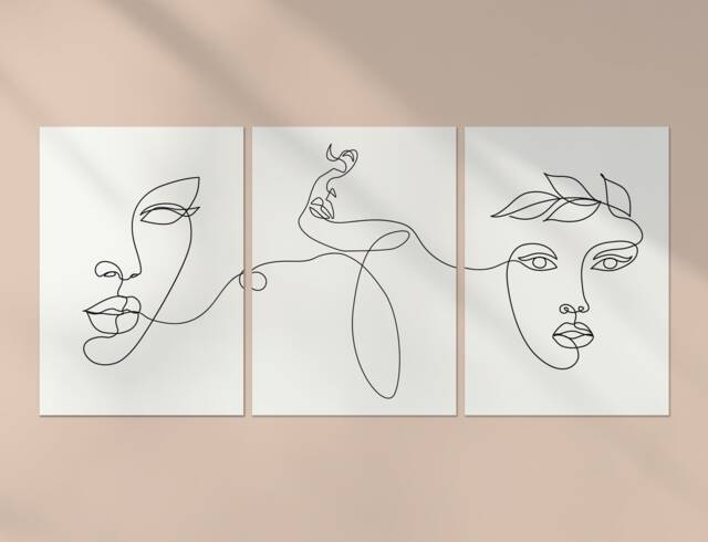 3 X Girls Faces Posters - Line Art Abstract Trio Of Prints Portrait ...