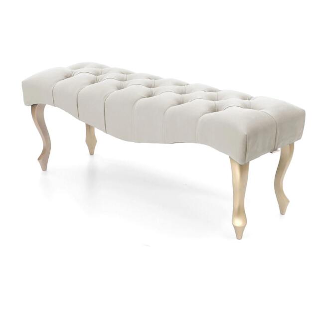 Ivory Color Tufted Bench Stool - Decorative Wood Legs Longbench Entryway -Beige -Deep Buttoned ...