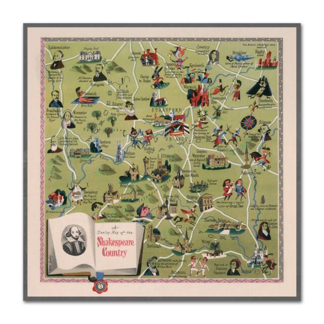 Map Of The Shakespeare Country - A Dunlop Map Vintage Antique 1950 ...