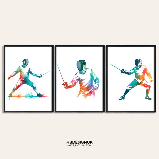 Fencing Print Set - 3 Posters - Wall Art Gifts Fencer Gift Colourful ...