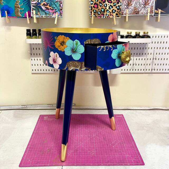 Gold Leaf & Navy Blue Side Table. Round Wooden Table With Drawer in ...
