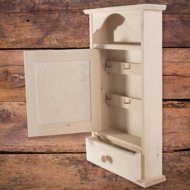 Wooden Key Cabinet With Drawer & 6 Hooks - Wall Mounted Box Key's Rack ...