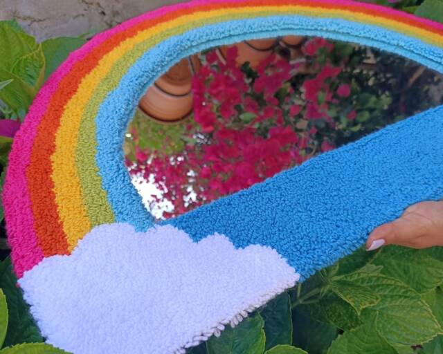 Large Rainbow Tufted Rug Mirror, Wavy Punch Needle Danish Pastel ...