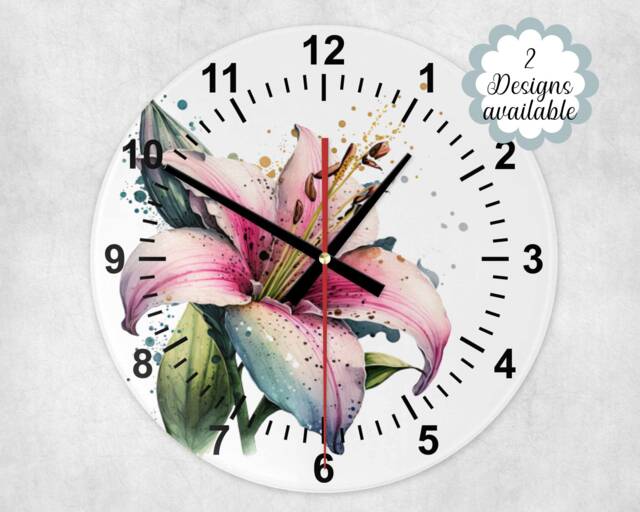 Elegant Glass Floral Lily Wall Clock - Watercolour Flower Art, Artistic ...