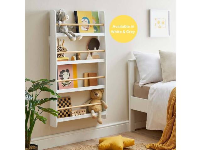 Kids Wall Bookcase, White Wooden Mounted Book Shelf Grey Bookshelf by ...