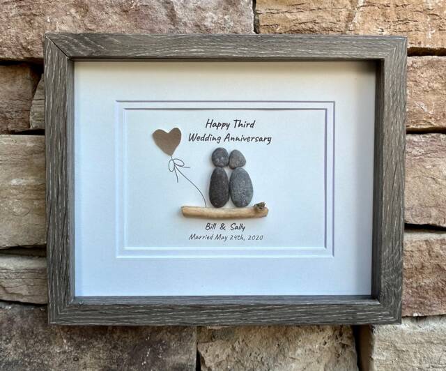 3rd Wedding Anniversary Personalized Pebble Art Gift, Leather 3 Year ...
