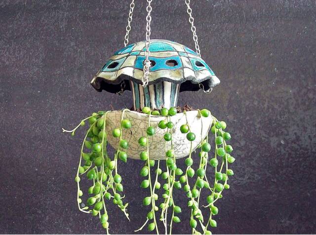 Ceramic Jellyfish Hanging Planter - Raku Pottery Coastal Pot, Handmade ...