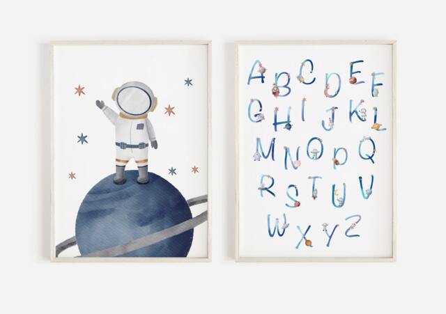 Set Of 2 Space Alphabet Prints, Nursery Decor, Abc Poster, Educational ...