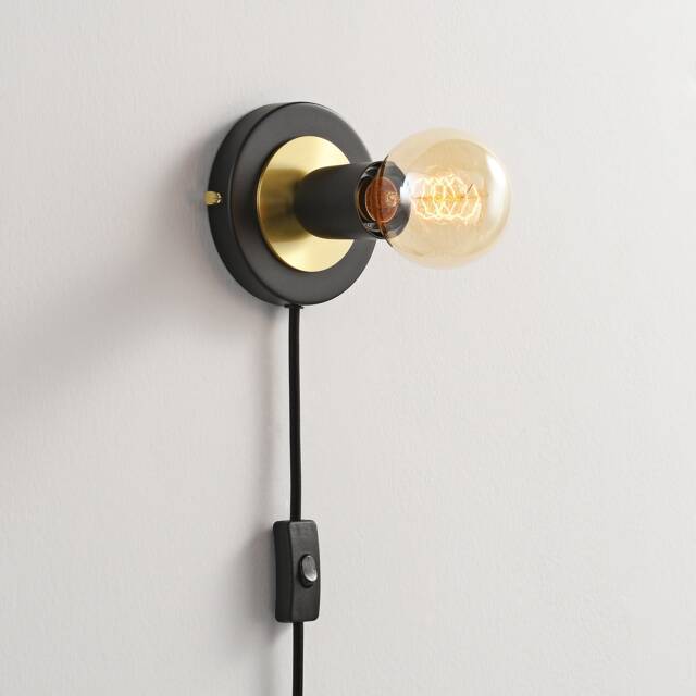 Black Plug in Wall Sconce Light With Brushed Brass Ring - Flush Mount ...