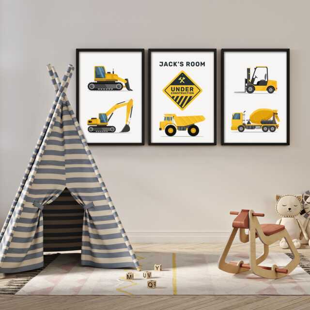 Construction Vehicle Wall Art, Set Of Personalised 3 Boys Digger Prints ...