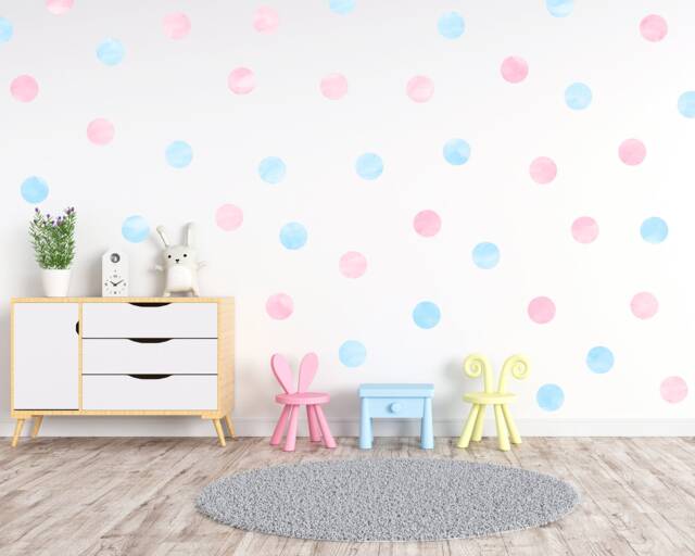Light Blue & Blush Pink Watercolour Polka Dot Wall Stickers, Playroom ...