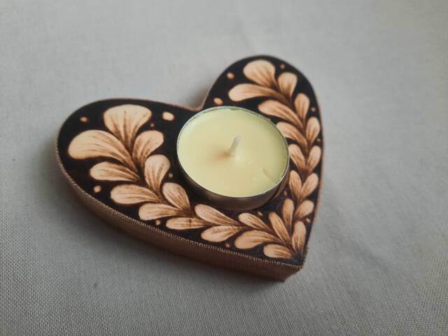 Heart Shaped Tealight Holder With Handdrawn Pyrography Pattern, Wooden ...