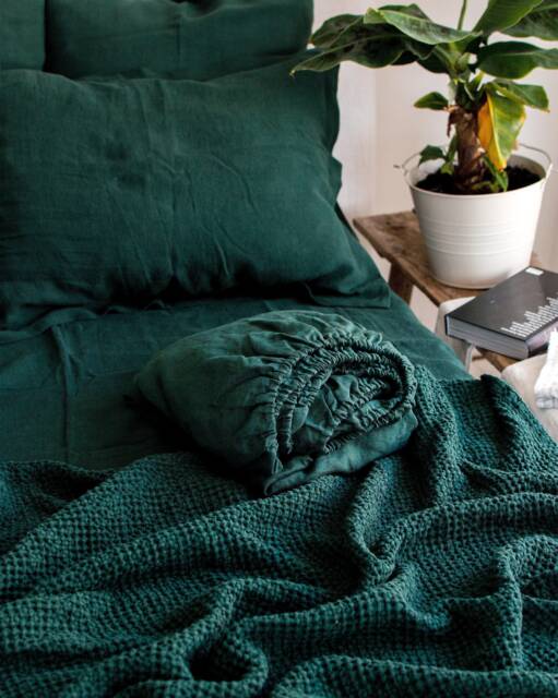 Linen Fitted Sheet in Jungle Green. Washed Linen Sheet King, Queen ...