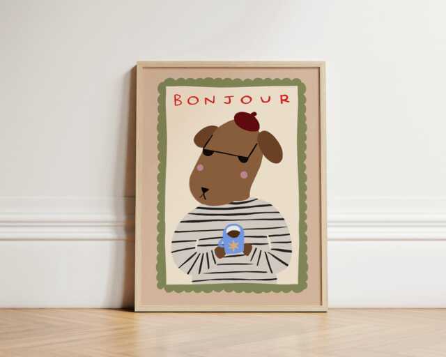 Bonjour Dog Illustration Print, Eclectic Art, Coffee Wall Boho Kitchen ...