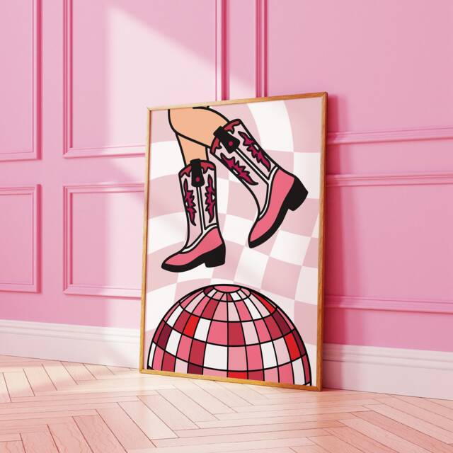 Pink Cowgirl Boots & Disco Ball Western Themed Print, Ball, Cowboy Boots, Art, Retro Wall Art ...