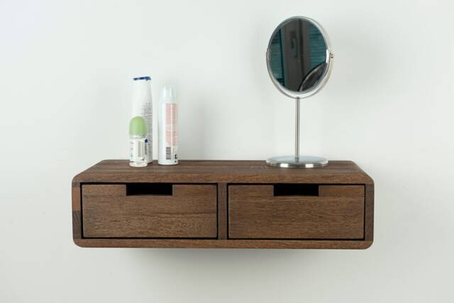 W24'' Floating Makeup Table With Two Drawers, Oak Organizer For Vanity ...