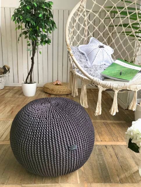 Dark Gray Knitted Pouf, Knit Chair, Chunky Knit Round Pouf Pouf Ottoman ...