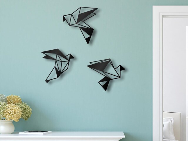 Geometric Birds Wood Wall Art, Set Of 3 Piece, Polygon Decor, Kitchen ...