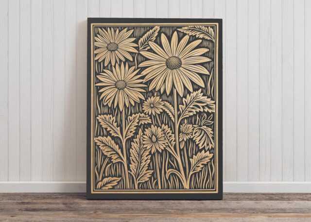 Daisies Engraved Birch Wood Panel - Block Print Inspired Floral Wall ...