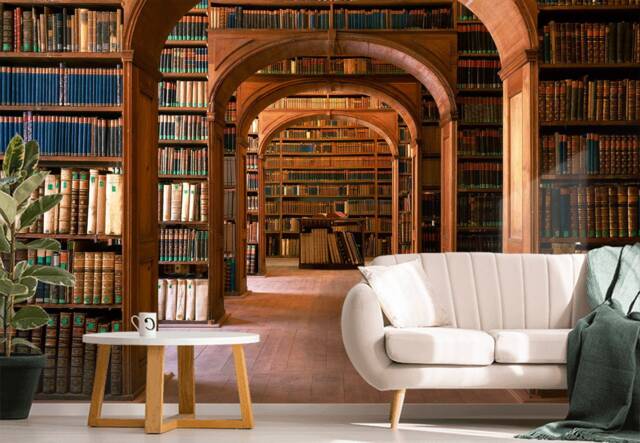 Books Shelves Wall Mural Bookcase Brown Vintage Decal Old Library ...