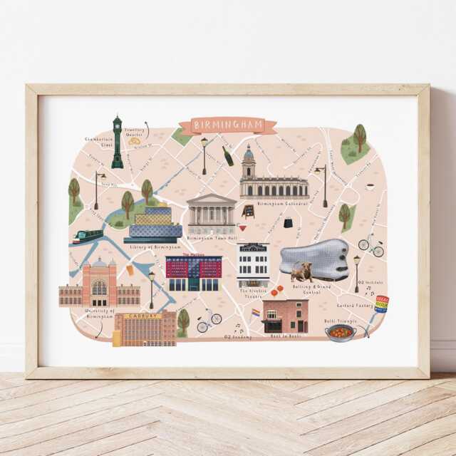 Birmingham Illustrated Map Print, Hand Drawn Poster, Colourful Custom ...