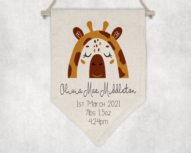 Personalised Rainbow Giraffe Nursery Wall Hanging, Decor, Birth Stat ...